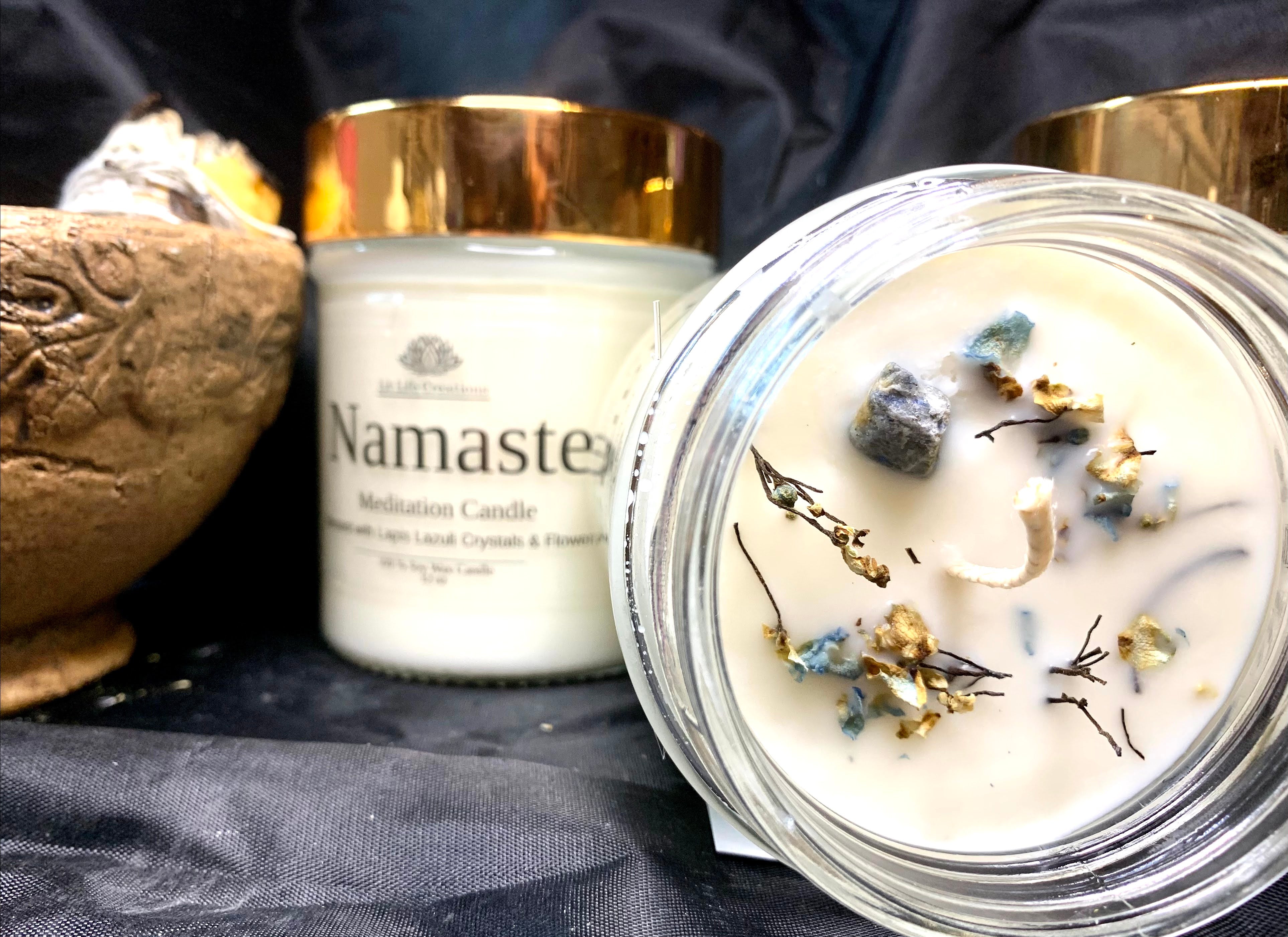 Namaste-Meditation, yoga, aromatherapy candle with crystals